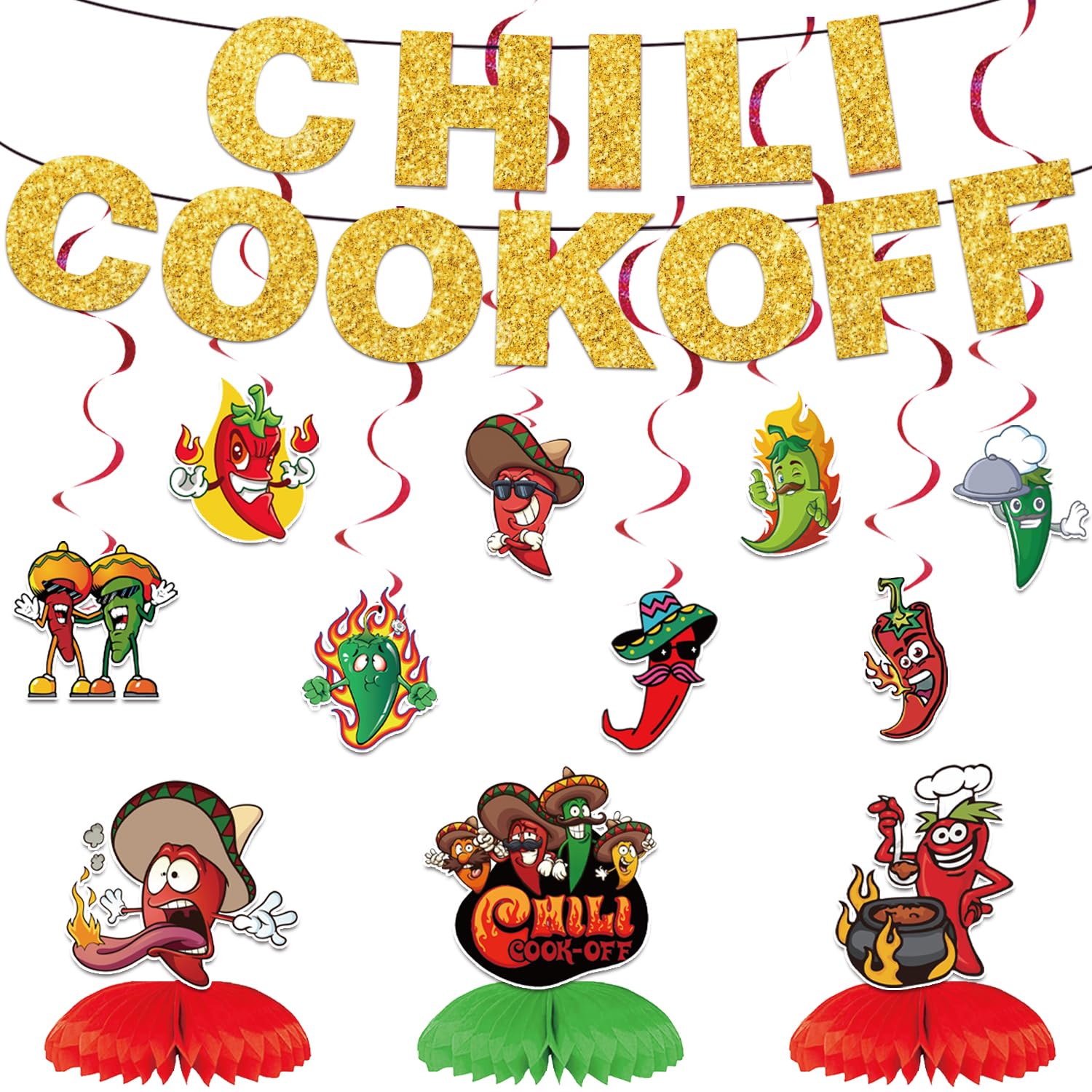 Chili Cook Off Decorations, 1 Pc Chili Cook Off Banner 8 Pcs Chili Hanging Swirls 3 Pcs Honeycomb Centerpiece for Chili Contest Tasting Competition, Chili Party Banners Chili Festival Party Supplies