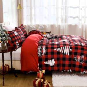 Dobuyly Christmas Duvet Cover Queen Size, Red Plaid Christmas Tree Printed Duvet Cover Set, Soft Microfiber Buffalo Check Christmas Bedding Set 3 Piece