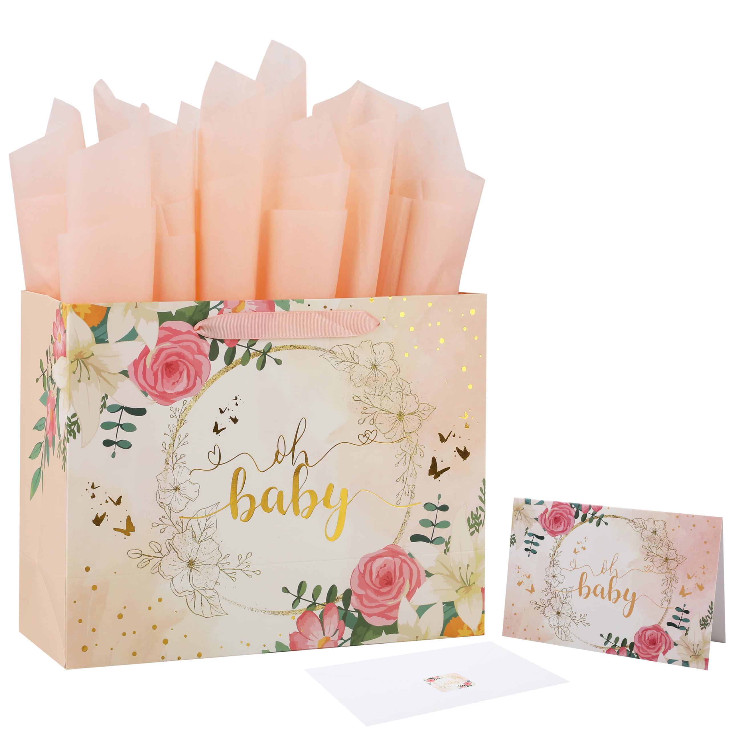 13" Large Light Orange Gift Bag Set with Greeting Card and Tissue Paper (Gold Foil ‘Oh Baby’) for Baby Shower, Baby Girl or Boy, Girls' Birthday Party, Women's Birthday Parties - 13”x5.2”x10.2”, 1 Pcs.