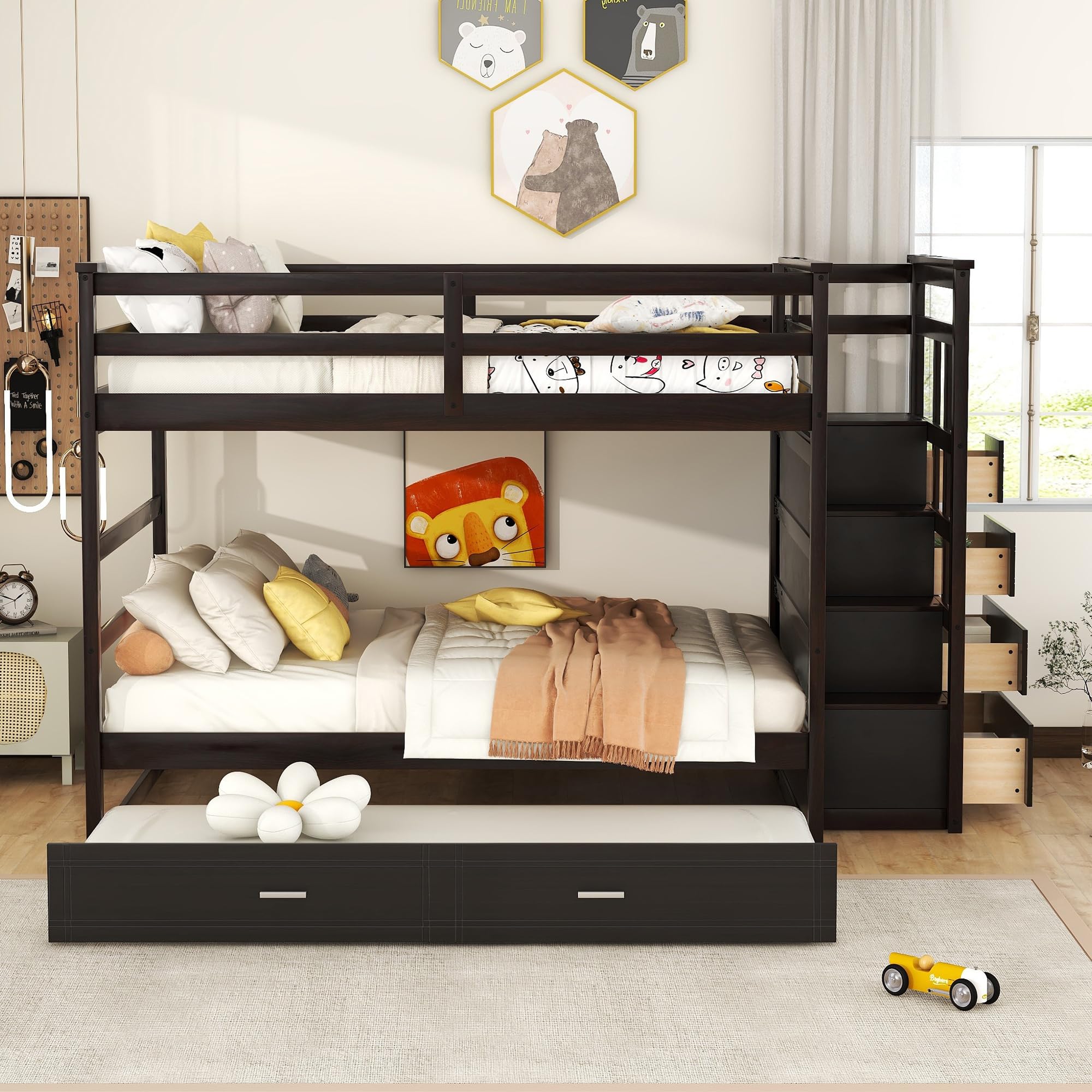 Harper & Bright Designs Full Over Full Bunk Bed with Storage, Wooden Bunk Bed with Trundle and Staircase - Espresso