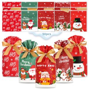 shintop christmas treat bags drawstring, 50pcs plastic holiday goodie bags 5.8x9inch reusable gift pouches for party favors sweets cookies