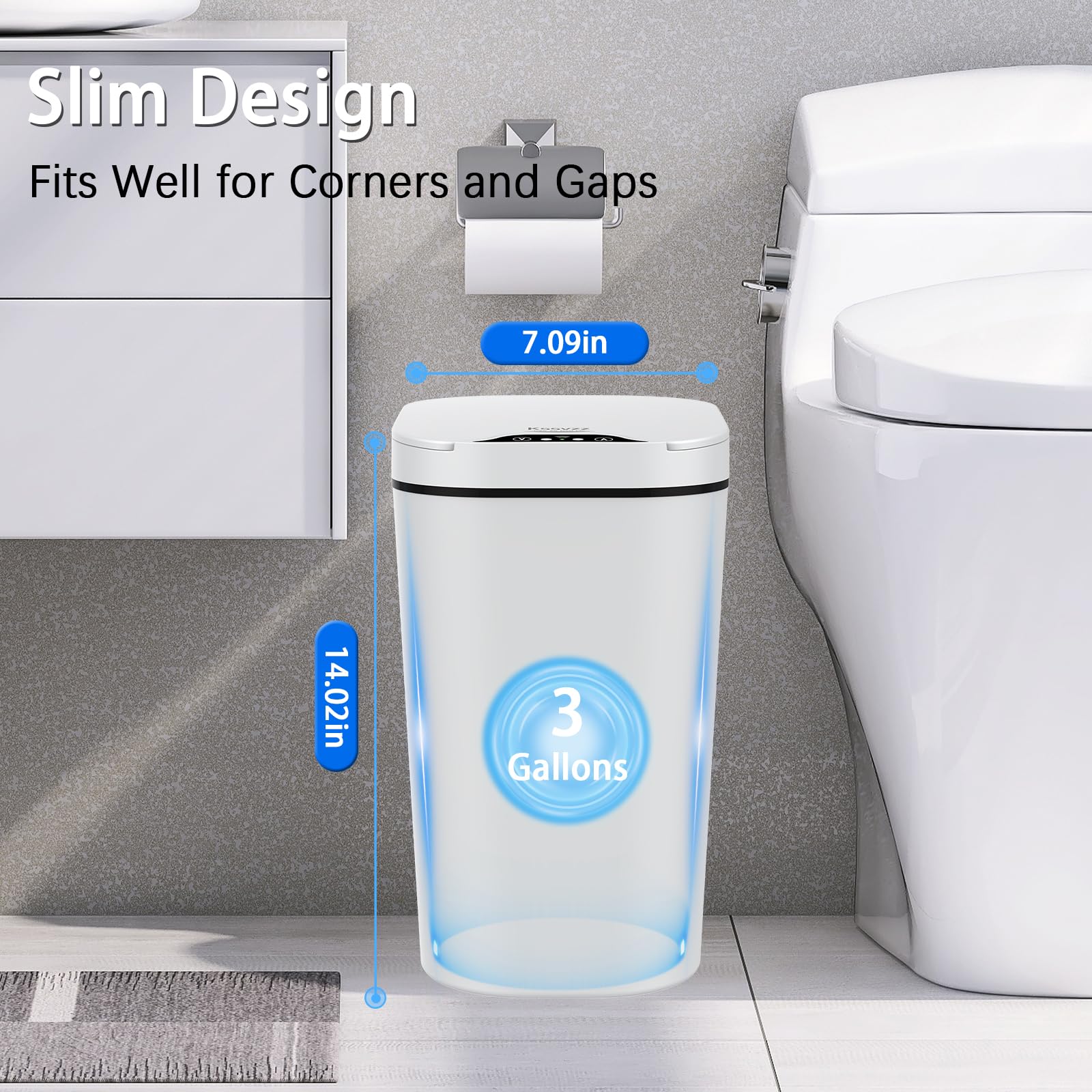 2 Pack Automatic Small Bathroom Trash Can with Lid - 3 Gallon Touchless Electric Garbage Can, Motion Sensor Smart Trash Bin, Slim Dog Proof Trashcan, Waterproof Wastebasket for Bedroom Office (White)