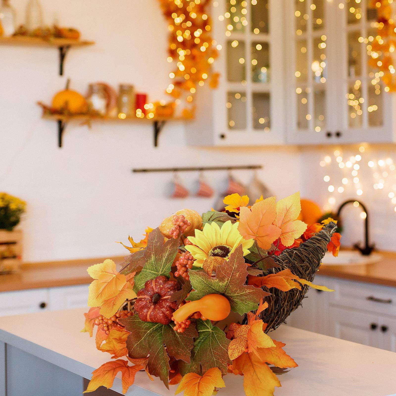 Knitgrip Thanksgiving Table Cornucopia Centerpiece Fall Table Centerpiece Pumpkin Maple Leaves Harvest Cornucopia Basket Decoration for Fall Autumn Thanksgiving Dining Table Centerpiece (Orange)