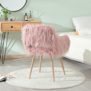 Faux Fur Desk Chair with Wood-Like Metal Legs,Furry Accent Chair Cute Desk Chair,Fluffy Home Office Chair Without Wheels for Women Kids Teen Girls