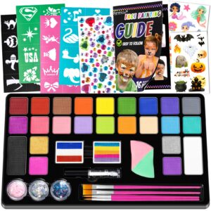 fenmay face painting kit for kids, 24 colors washable face paint, safe for sensitive skin, non-toxic professional face painting kit, halloween birthdays makeup set with stencils, guide book