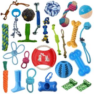 25-pack premium+ dog chew toys for puppies - teething chew toys for boredom, pet toothbrush chew toys with rope, treat balls, and squeaky toys for small to medium dog