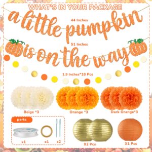 Kriyokiaa Little Pumpkin Baby Shower Decorations 14 Pcs Fall Baby Shower Decorations with A Little Pumpkin Is On The Way Banner, Tissue Pom-Poms, Paper Lantern