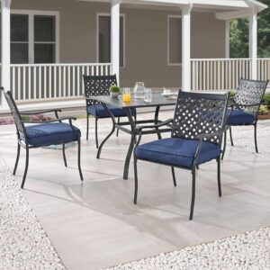 patiofestival patio dining set 5pcs heavy duty metal outdoor furniture sets square table with 4 stackable chairs blue cushion