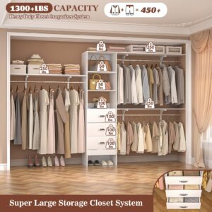 Armocity 120 Inches Closet System, 10FT Walk In Closet Organizer with 3 Shelving Towers, Heavy Duty Clothes Rack with 3 Drawers, Built-In Garment Rack, 120" L x 16" W x 75" H, Max Load 1300 LBS, White