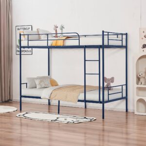 bunk bed twin over twin, twin over twin bunk bed with metal guardrail and ladder, heavy duty twin bunk beds for boys, girls, teens, adults, no box spring needed, noise free (navy blue)