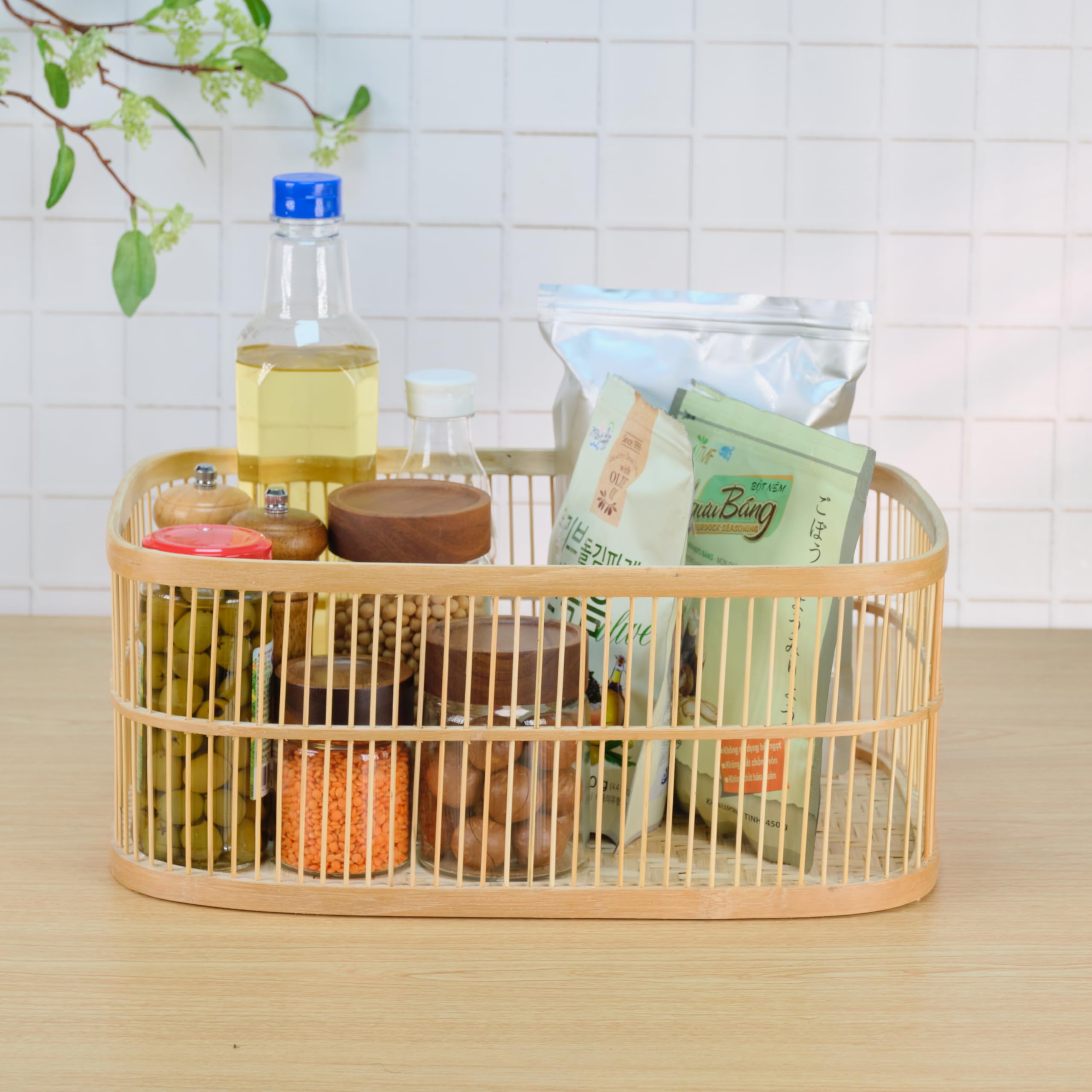 PEMAR Set of 3 Nesting Bamboo Storage Baskets, Decorative Organization Basket, Farmhouse Basket Bins, Rustic Boho Wicker Basket Organiser for Living Room, Bedroom, Pantry Decor