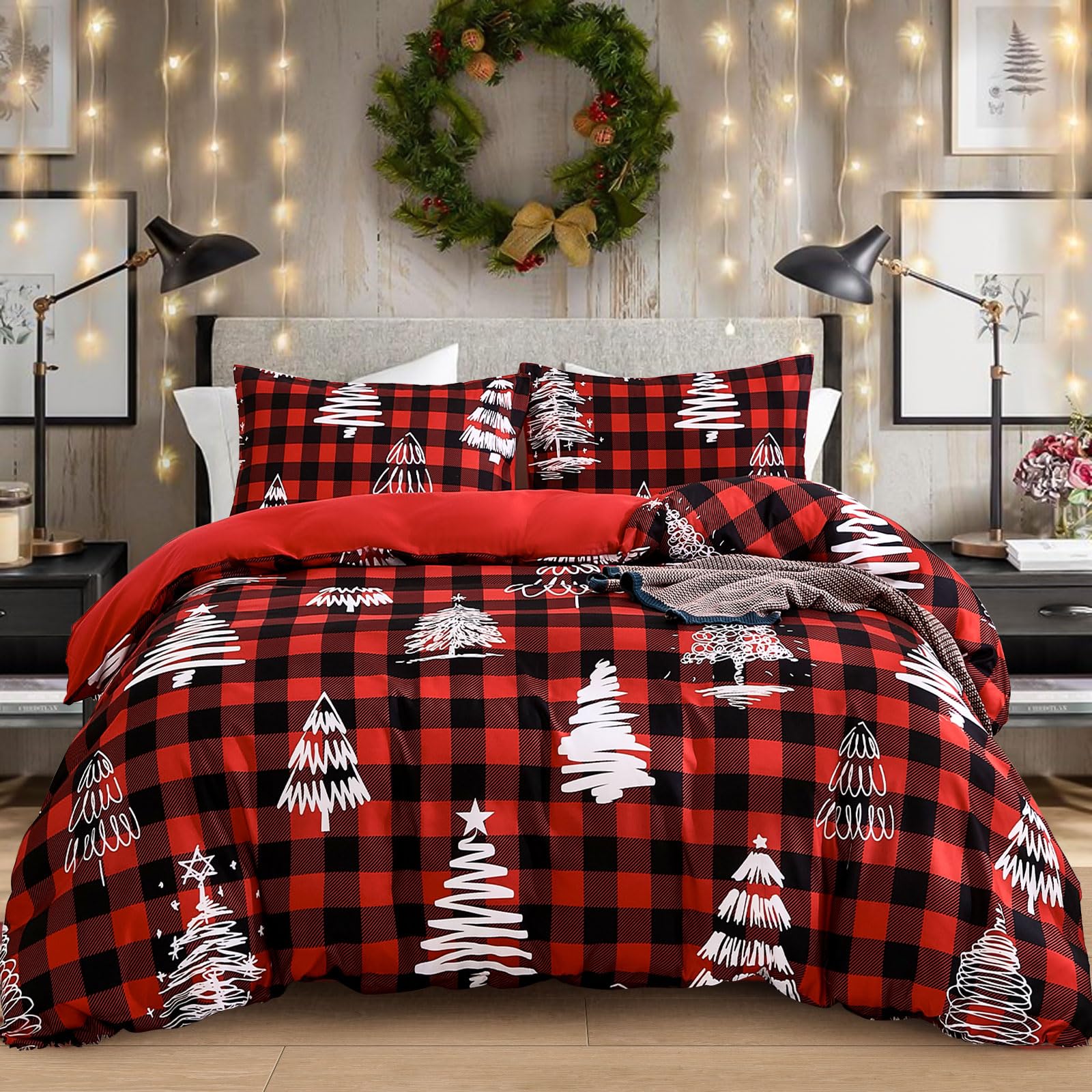 Dobuyly Christmas Duvet Cover Queen Size, Red Plaid Christmas Tree Printed Duvet Cover Set, Soft Microfiber Buffalo Check Christmas Bedding Set 3 Piece