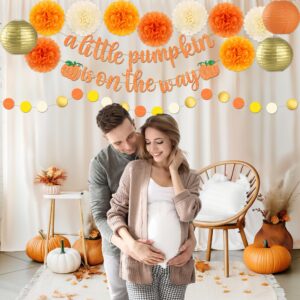 Kriyokiaa Little Pumpkin Baby Shower Decorations 14 Pcs Fall Baby Shower Decorations with A Little Pumpkin Is On The Way Banner, Tissue Pom-Poms, Paper Lantern