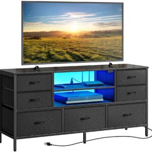 Huuger Dresser for Bedroom with Power Outlets and LED Lights, 7 Drawers TV Stand Dresser for 55 Inch TV, 47 Inches TV Console with Open Shelf, Wide Black Dresser, PU Leather, for Bedroom