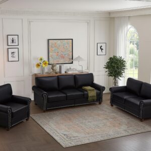 Moxoq Mid-Century Modern Faux Leather Living Room Sofa Set with Rivet Trim, Solid Wood Frame and Legs - Single, Double, Triple, 2+3 Seater, 1+2+3 Seater, 4 Color Options (Black, Single Sofa)