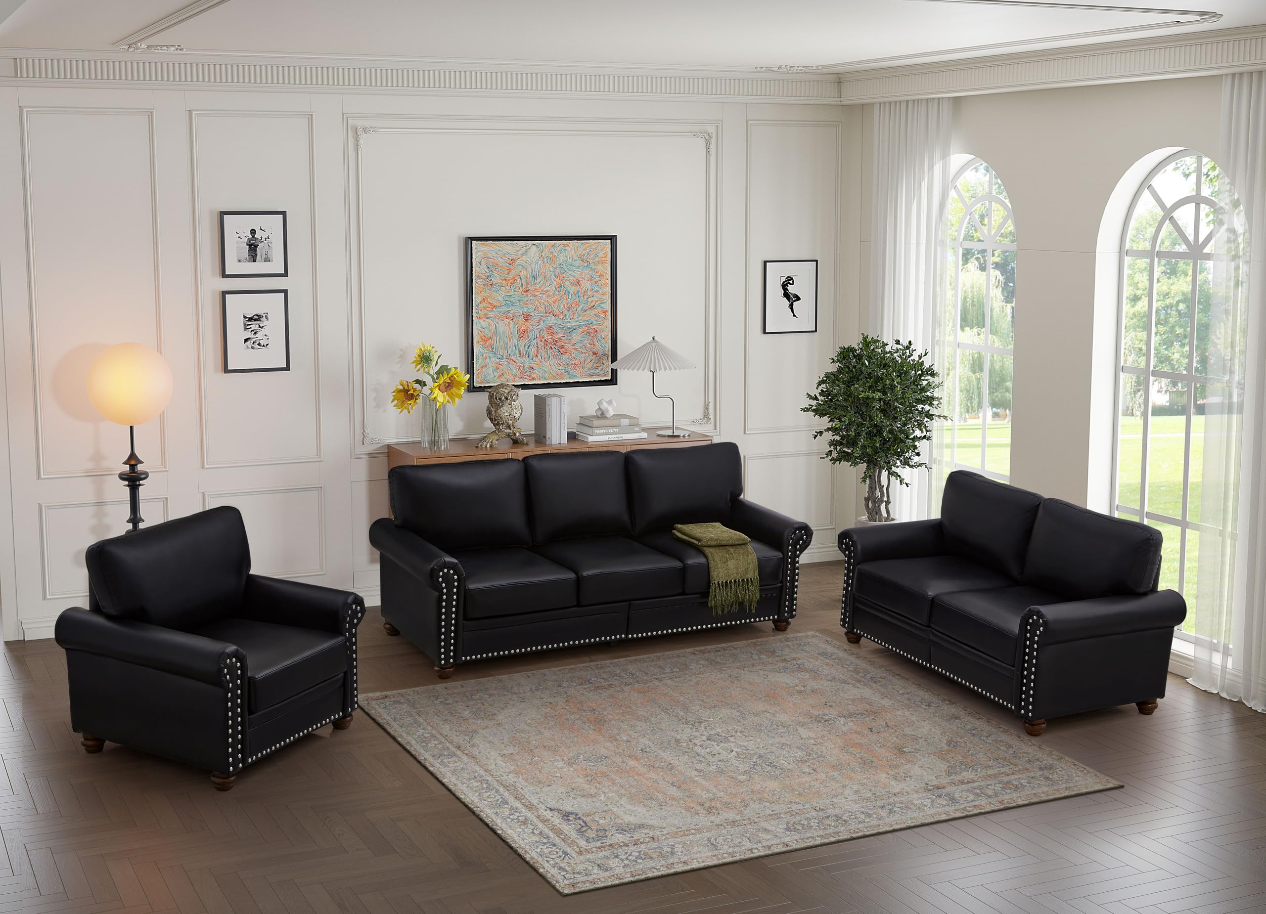 Moxoq Mid-Century Modern Faux Leather Living Room Sofa Set with Rivet Trim, Solid Wood Frame and Legs - Single, Double, Triple, 2+3 Seater, 1+2+3 Seater, 4 Color Options (Black, Single Sofa)