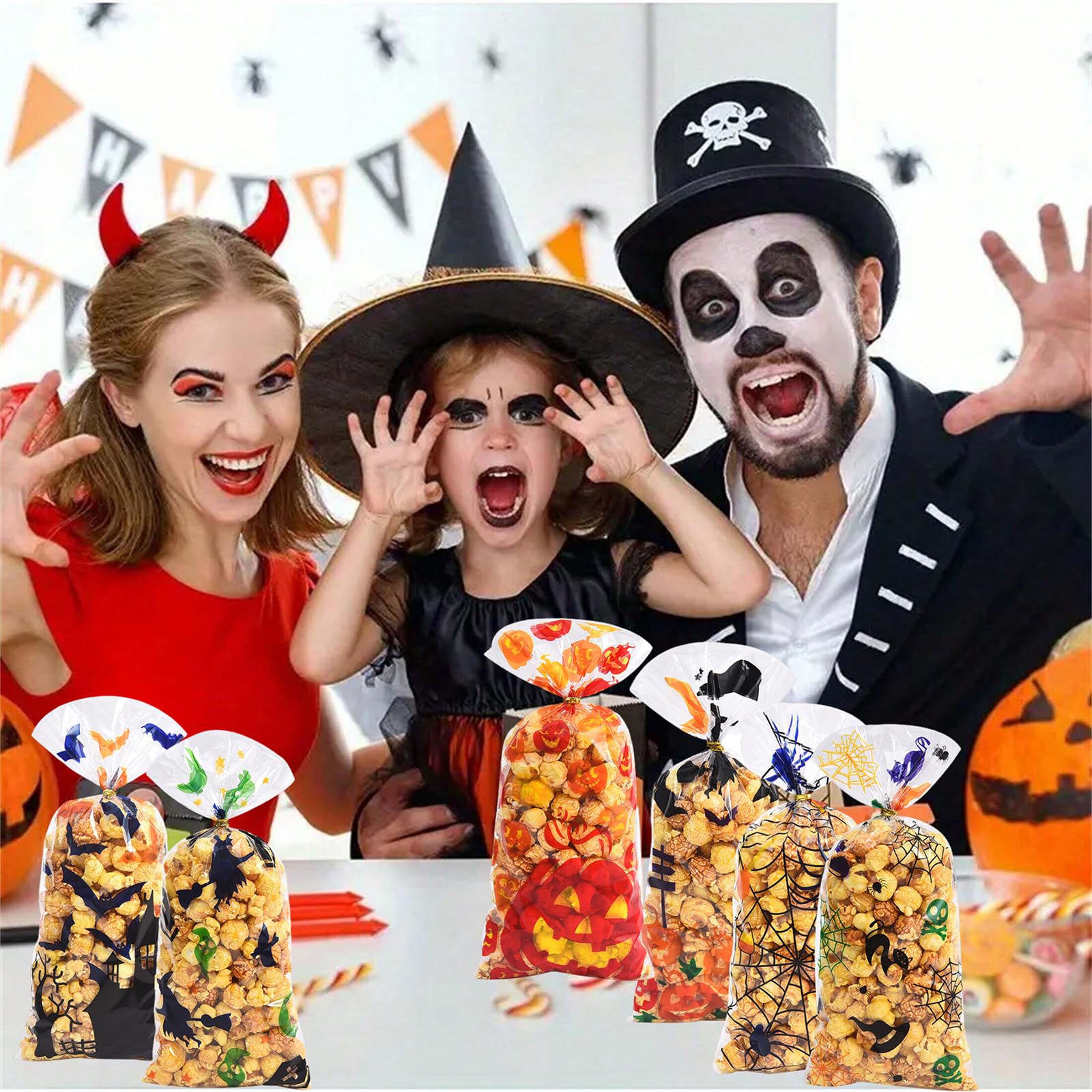 Lodeihoo Halloween Candy Bags Treats Bags, 100 PCS Halloween Plastic Clear Candy Bags 6 Styles with 100 PCS Twists for Snacks Candy Cookies Packing Halloween Party Favors