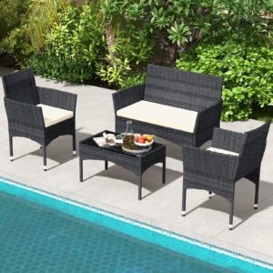 tinkle well outdoor patio furniture sets, 4 pieces rattan chairs wicker conversation set with tempered glass table, cushion, for yard, garden, poolside, porch, bistro, balcony