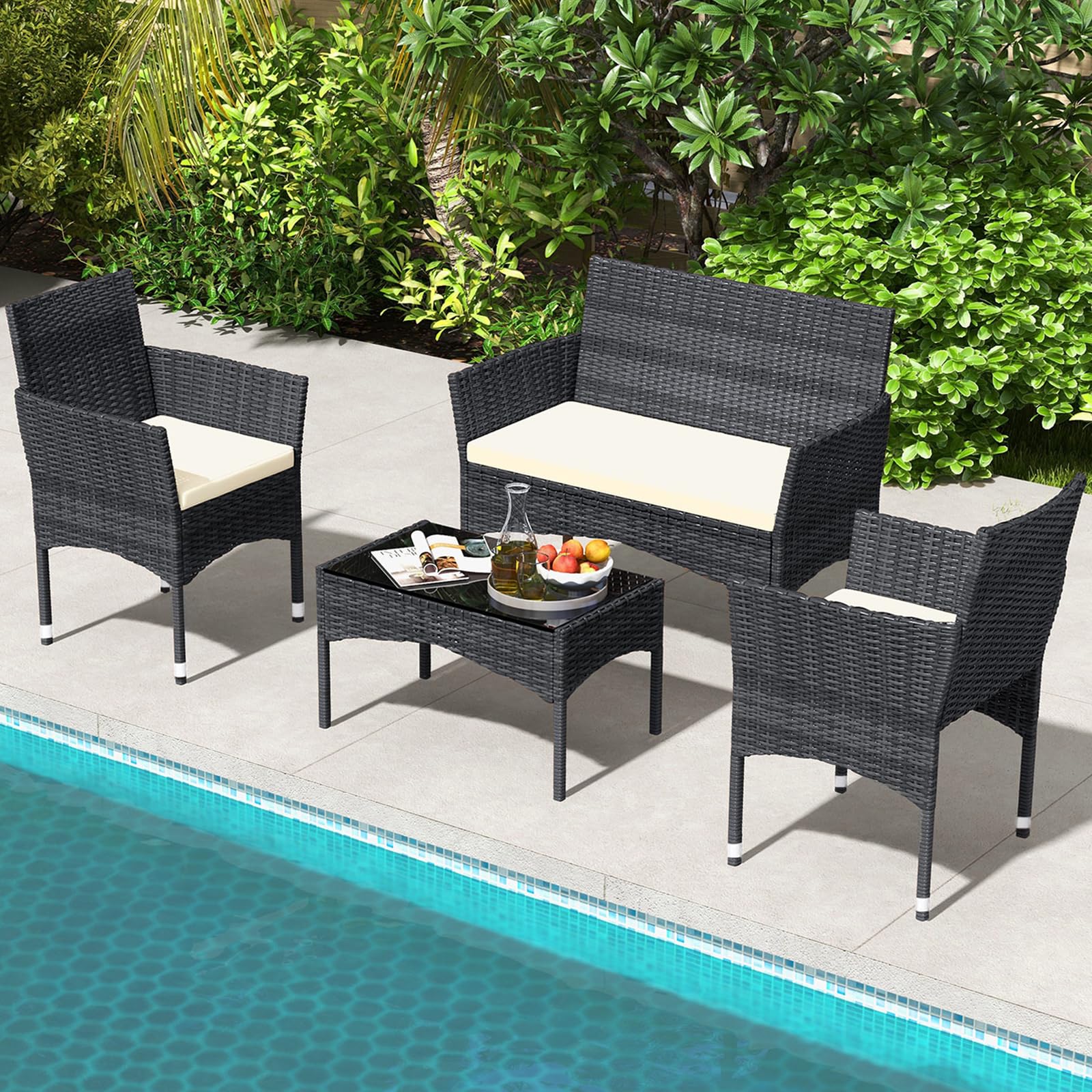 TINKLE WELL Outdoor Patio Furniture Sets, 4 Pieces Rattan Chairs Wicker Conversation Set with Tempered Glass Table, Cushion, for Yard, Garden, Poolside, Porch, Bistro, Balcony