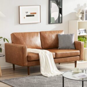 dreamsir 65" loveseat sofa, faux leather love seat couch, mid century modern couch with solid wooden frame for living room & bedroom in small spaces, brown