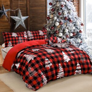 Dobuyly Christmas Duvet Cover Queen Size, Red Plaid Christmas Tree Printed Duvet Cover Set, Soft Microfiber Buffalo Check Christmas Bedding Set 3 Piece