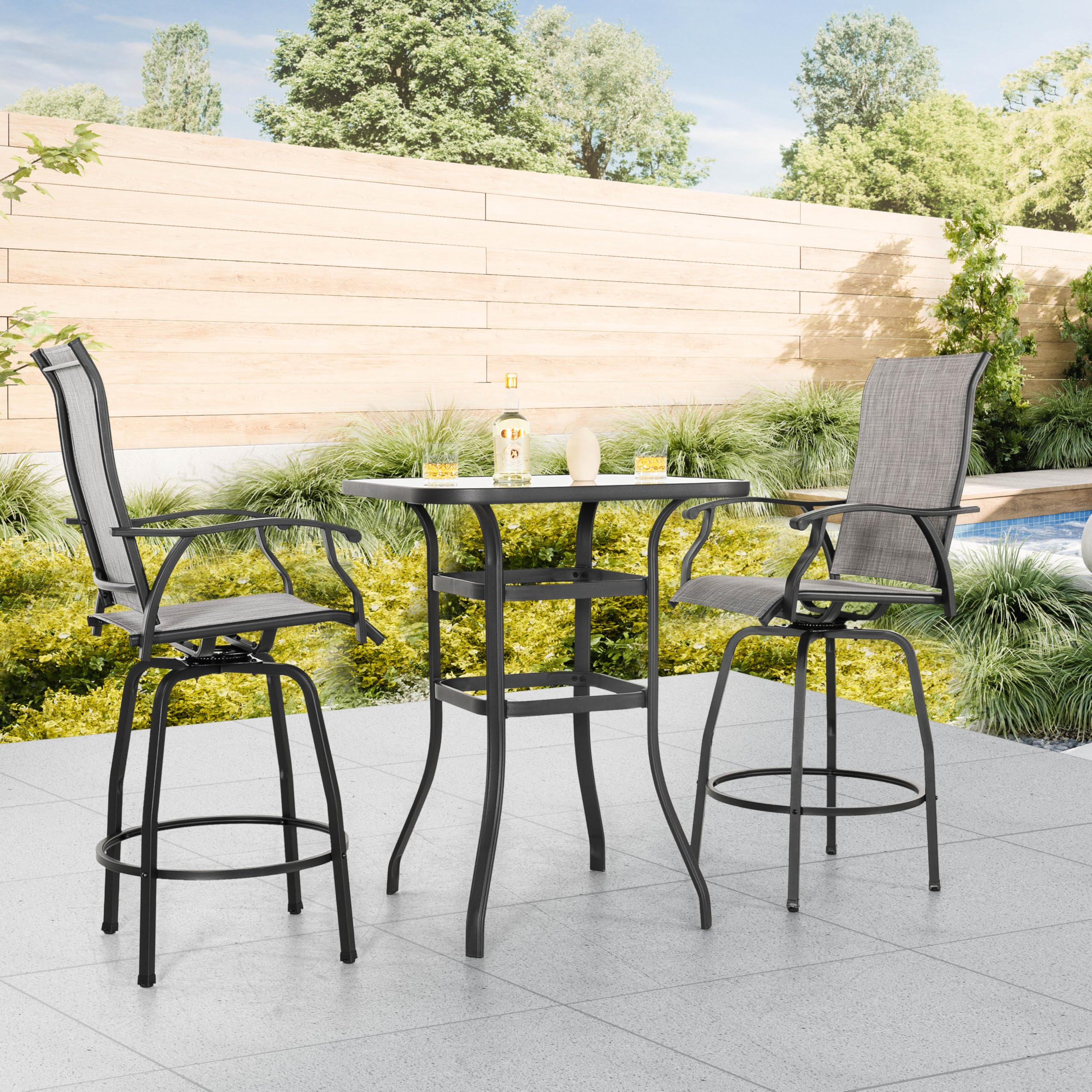 NUU GARDEN 3 Piece Outdoor Patio Bar Set, Patio Bar Furniture Set, Outdoor Tempered Glass Square Bar Table and Textilene Swivel High Backrest Bar Stools for Patio, Garden, Backyard, Gray and Black