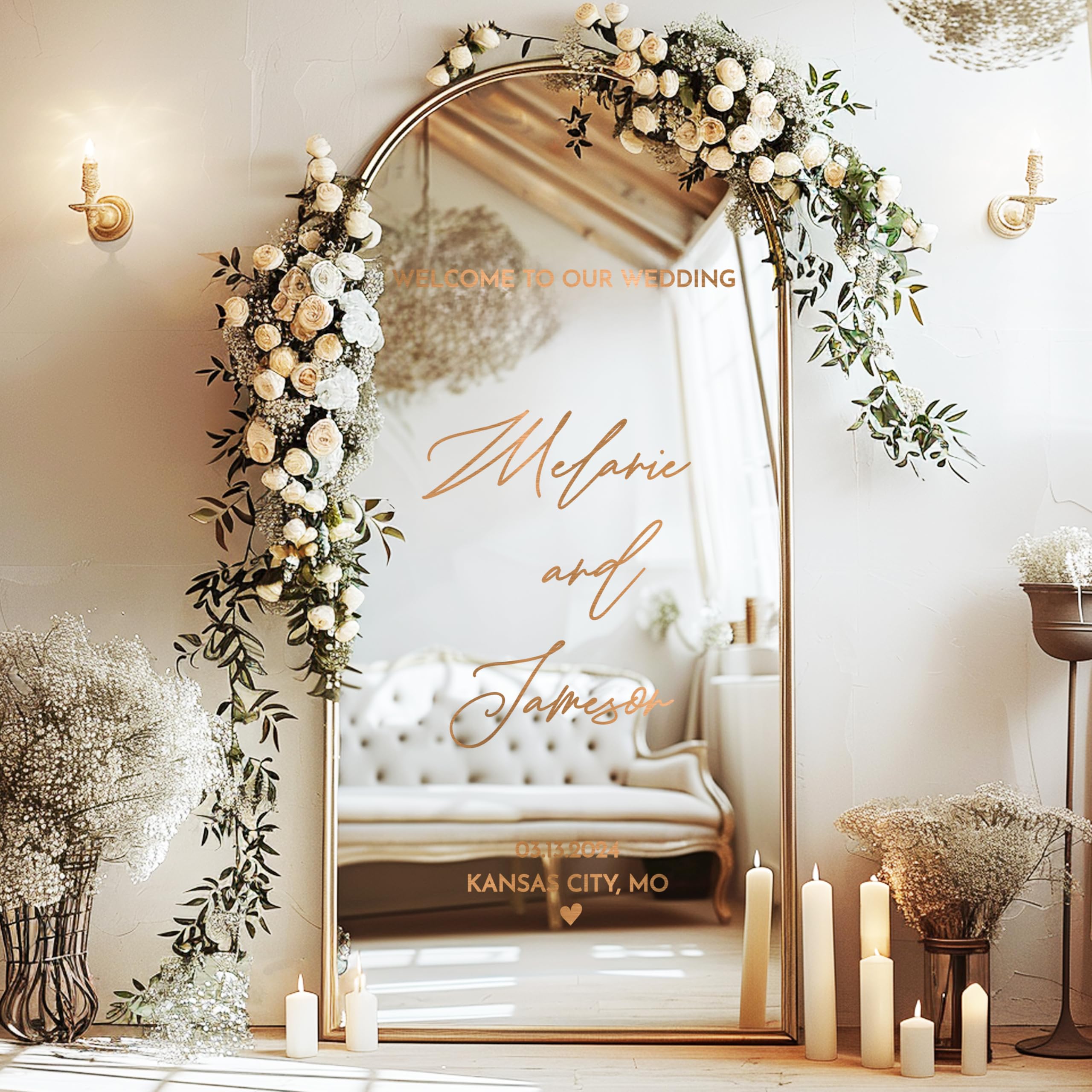 Personalized Welcome to Our Wedding Mirror Sign Decal DIY - Customized Bride and Groom Names - Lettering Elegant Happily Ever After Party Vinyl Sticker Wall Reception Decor