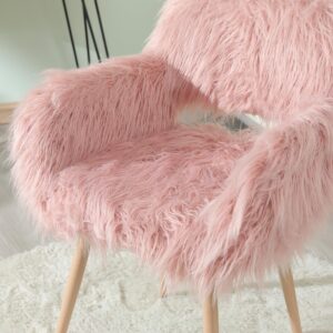 Faux Fur Desk Chair with Wood-Like Metal Legs,Furry Accent Chair Cute Desk Chair,Fluffy Home Office Chair Without Wheels for Women Kids Teen Girls