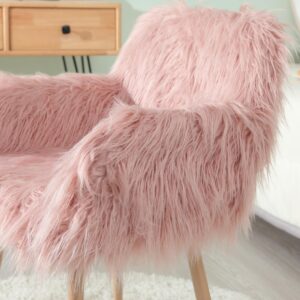 Faux Fur Desk Chair with Wood-Like Metal Legs,Furry Accent Chair Cute Desk Chair,Fluffy Home Office Chair Without Wheels for Women Kids Teen Girls