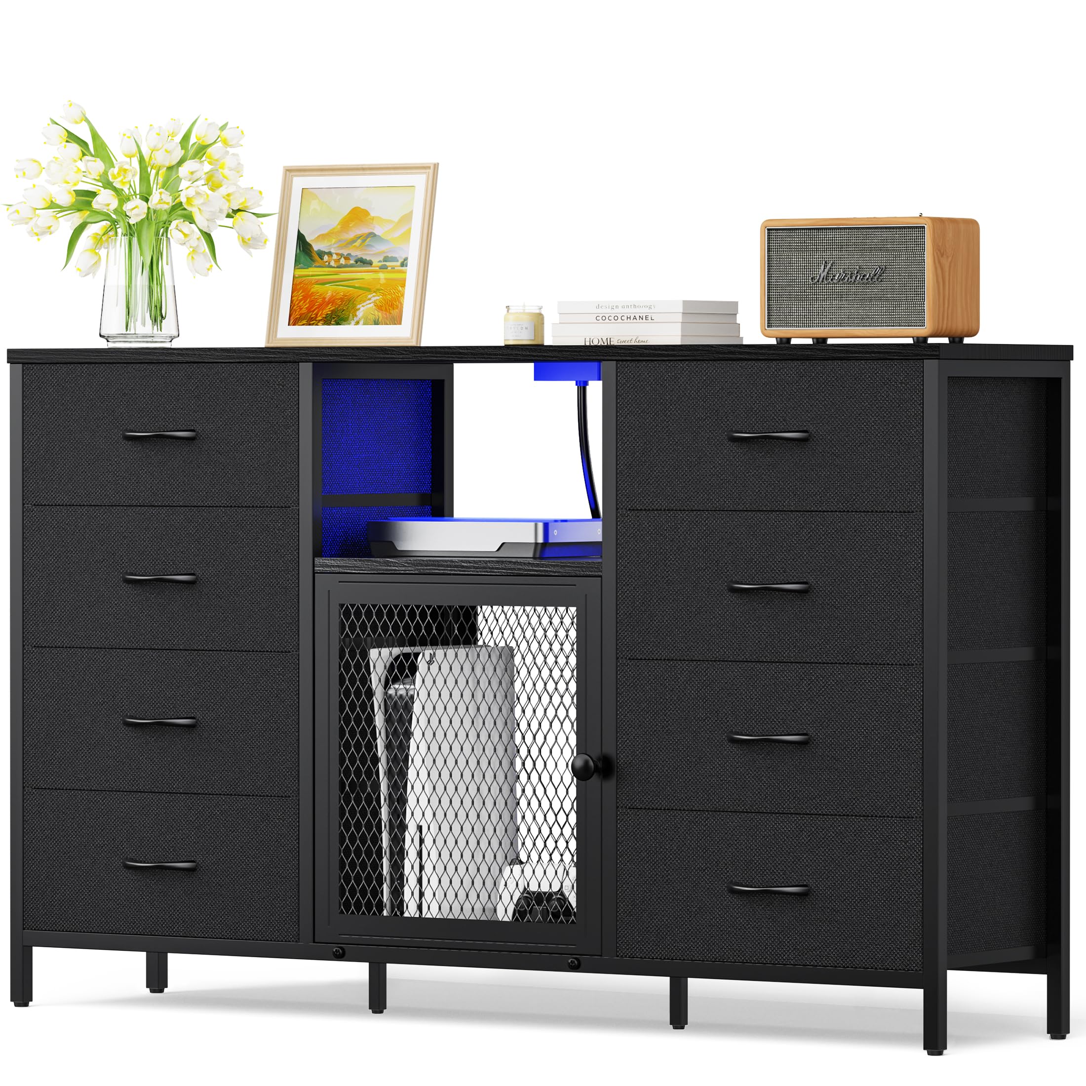 Decofy Dresser for Bedroom with LED Lights and Power Outlets, 8 Drawers TV Stand Dresser for 65 Inch TV, Fabric Chest of Drawers with Open Shelves, Black Dressers for Bedroom, Closet