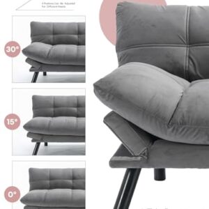 Miscoos Velvet Convertible Bed, 71" Comfy Loveseat Sleeper Sofa with Adjustable Backrest Armrest, Strengthen Wood, Thick Cushion, Small 2 Seater Futon Couch for Living Room, Bedroom, Light Grey