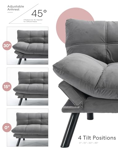 Miscoos Velvet Convertible Bed, 71" Comfy Loveseat Sleeper Sofa with Adjustable Backrest Armrest, Strengthen Wood, Thick Cushion, Small 2 Seater Futon Couch for Living Room, Bedroom, Light Grey