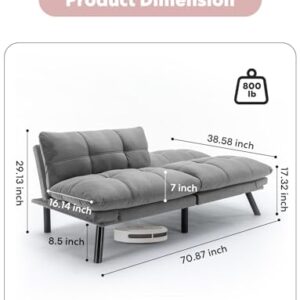 Miscoos Velvet Convertible Bed, 71" Comfy Loveseat Sleeper Sofa with Adjustable Backrest Armrest, Strengthen Wood, Thick Cushion, Small 2 Seater Futon Couch for Living Room, Bedroom, Light Grey