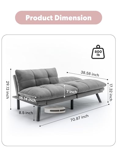 Miscoos Velvet Convertible Bed, 71" Comfy Loveseat Sleeper Sofa with Adjustable Backrest Armrest, Strengthen Wood, Thick Cushion, Small 2 Seater Futon Couch for Living Room, Bedroom, Light Grey