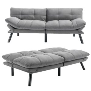 miscoos velvet convertible bed, 71" comfy loveseat sleeper sofa with adjustable backrest armrest, strengthen wood, thick cushion, small 2 seater futon couch for living room, bedroom, light grey