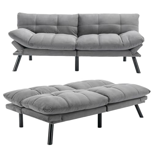 Miscoos Velvet Convertible Bed, 71" Comfy Loveseat Sleeper Sofa with Adjustable Backrest Armrest, Strengthen Wood, Thick Cushion, Small 2 Seater Futon Couch for Living Room, Bedroom, Light Grey