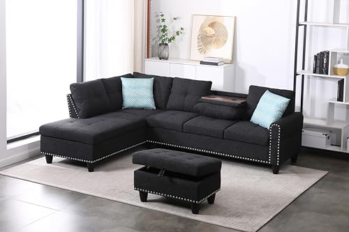 AYOUZ 98" L-Shape Linen Convertible Sectional Sofa Set with Left Facing Chaise & Ottoman, Modern Living Room Furniture-Set w/Storage for Home, Office, Apartment