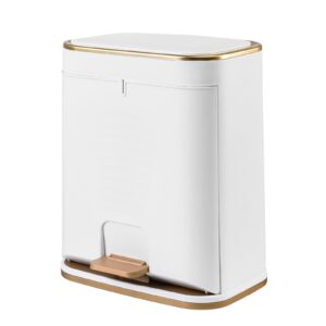 bathroom trash can with lid, 3 gallon gold garbage can, small trash bin with press top lid and pedal, narrow white trash can waste basket for bedroom, living room,office,plastic dog proof trash can