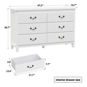 HOUROM White Dresser, Modern Farmhouse 6 Drawer Double Dresser for Bedroom Adults & Kids with Vintage Gold Pulls, Wide Dressers & Chests of Drawers, 6 Drawer Dressers for Hallway, Antique White