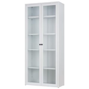 ironmix display cabinet with glass doors, 5-tier metal storage cabinet, pantry cabinet for kitchen with adjustable shelves, tall bookshelf with doors for home office (white - glass door)