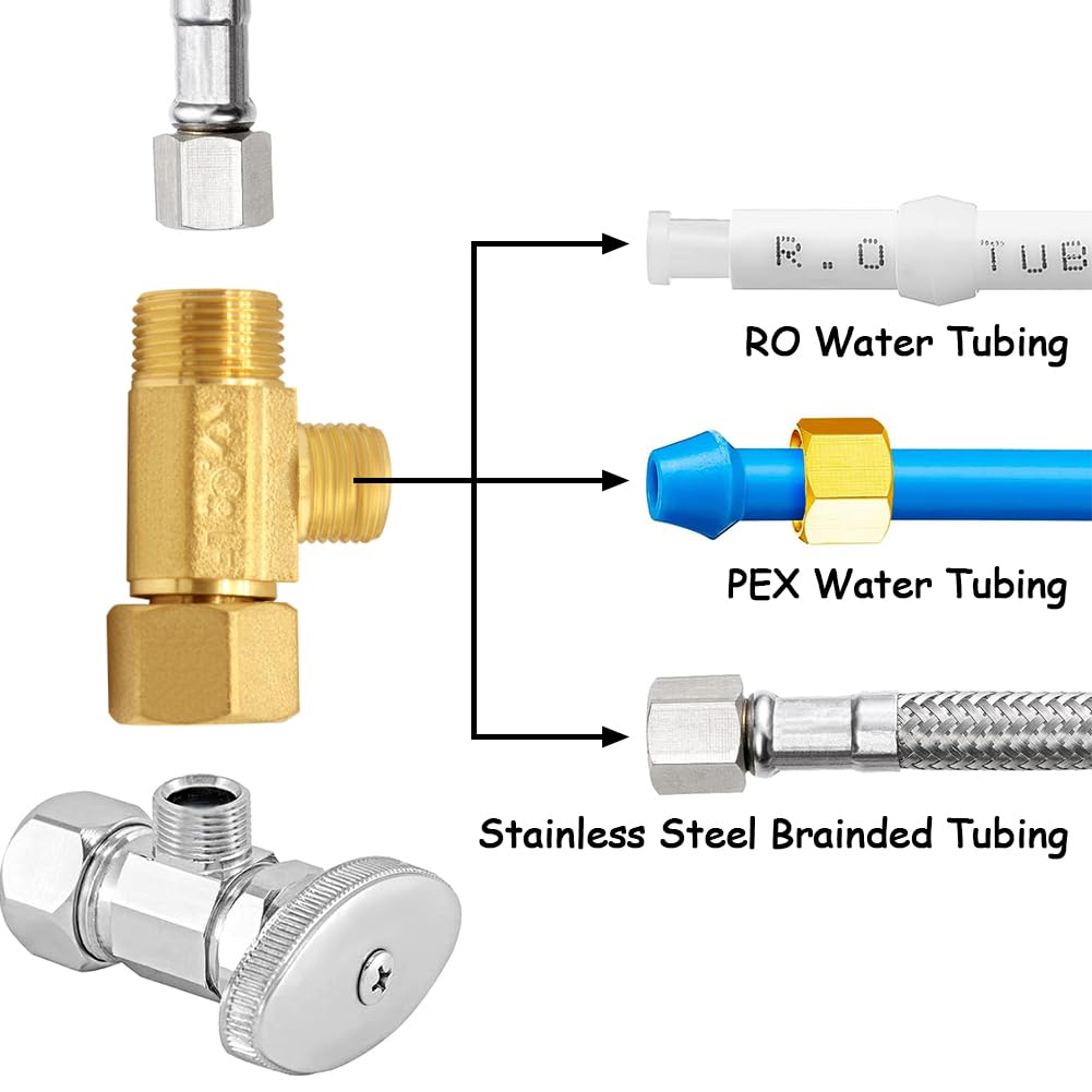 Uenede 2PCS Lead-Free Brass Angle Stop Add-A-Tee Valve, 3/8" Compression Inlet x 1/4" Compression Outlet x 3/8" Compression Outlet, Water Line Splitter 3 Way Valve Fittings