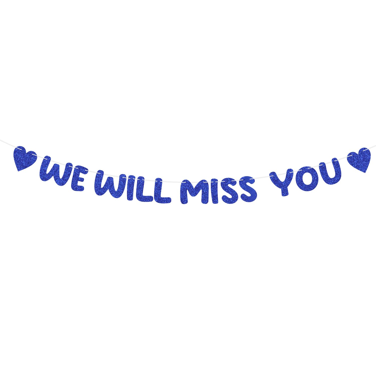 Pre-threaded We Will Miss You Farewell Banner, Blue Glitter Banner Graduation Retirement Party Decorations Going Away Decor for Goodbye Army Party