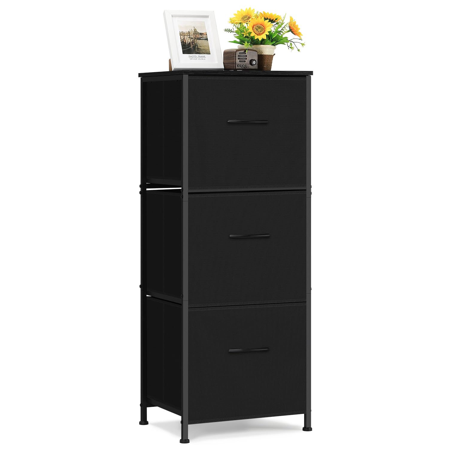 Ebeneze Dresser for Bedroom with 3 Storage Drawers, 42" Tall Fabric Closet Chests Organizer Tower Furniture with Wooden Metal Frame for Clothes, Kids, Hallway, Entryway, Small Space, Black