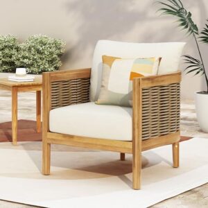 merax set single outdoor acacia wood wicker club chair with cushion,patio furniture conversation seat for backyard, beige