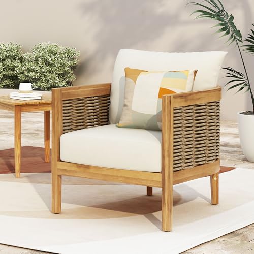 Merax Set Single Outdoor Acacia Wood Wicker Club Chair with Cushion,Patio Furniture Conversation Seat for Backyard, Beige