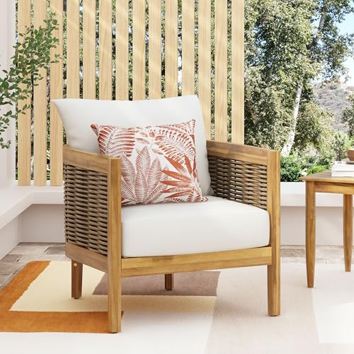 Merax Set Single Outdoor Acacia Wood Wicker Club Chair with Cushion,Patio Furniture Conversation Seat for Backyard, Beige