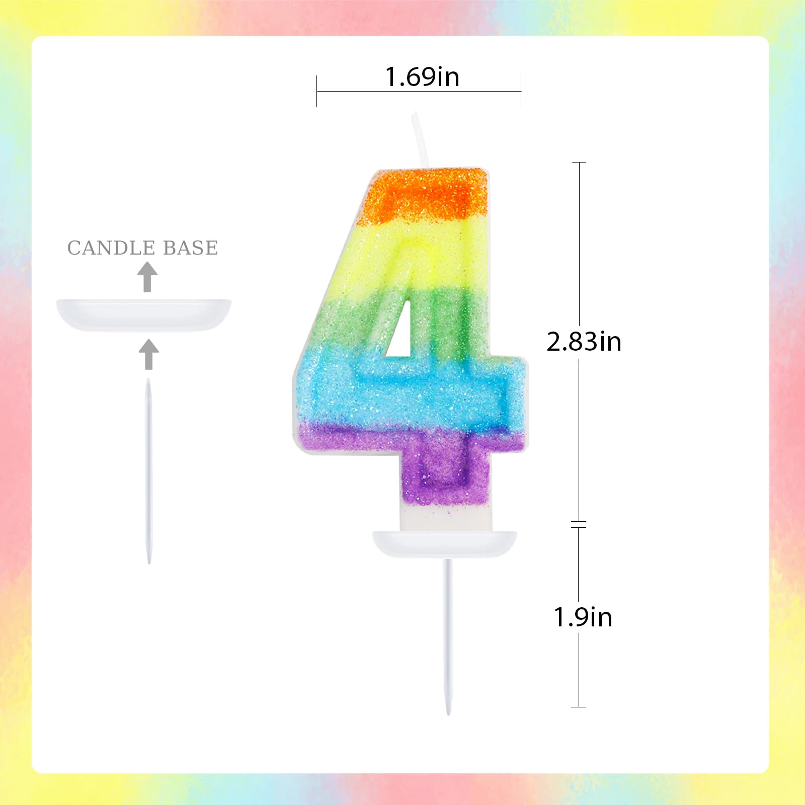 Rainbow Candles for Birthday Cakes, Rainbow Themed Cake Topper, Rainbow Birthday Party Decorations, 4th Number Candle (Number 4)