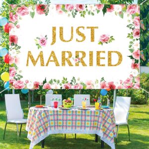 loonelo just married wedding backdrop,wedding party banner with 70.8 x43.3 inch, floral bridal shower backdrop banner sign for bridal shower wedding engagement party decorations photography background