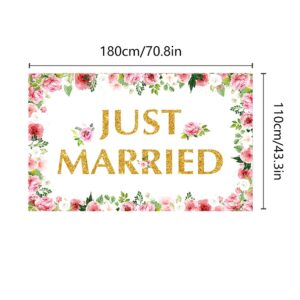 LOONELO Just Married Wedding Backdrop,Wedding Party Banner with 70.8 X43.3 inch, Floral Bridal Shower Backdrop Banner Sign for Bridal Shower Wedding Engagement Party Decorations Photography Background