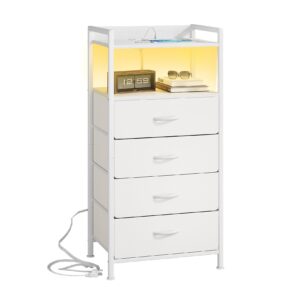 kitstorack night stand with charger station and led light white nightstand with drawers bedside table tall nightstand 4 fabric drawers